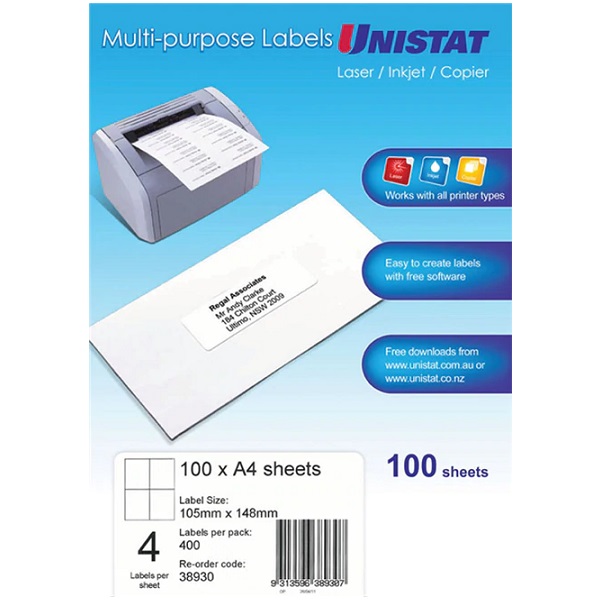 UNISTAT Multi-Purpose Labels 105 x 148mm 4 per Sheet 38930